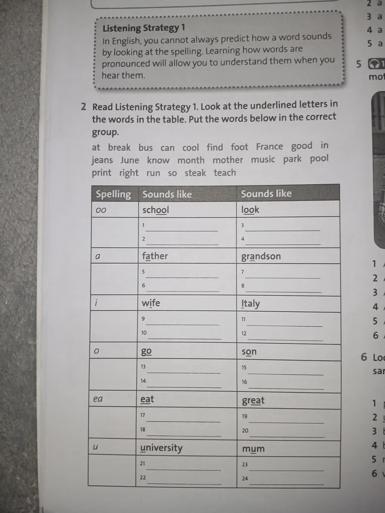 Read Listening Strategy 1. Look at the underlined letters in the words ...