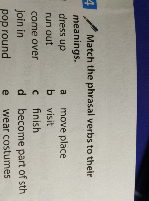 Match the phrasal verbs to their meanings: dress up, run out, come over ...